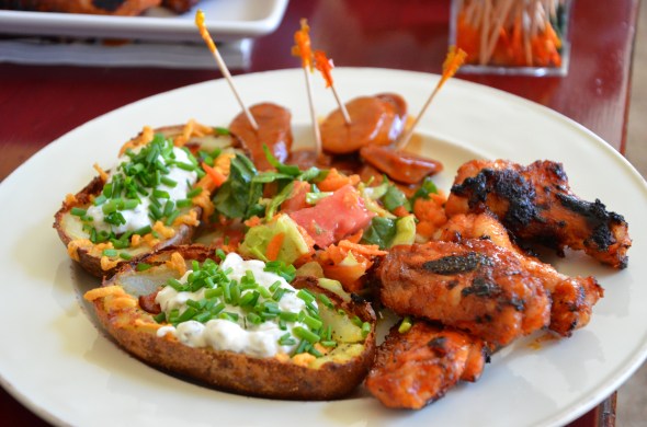 Sunday Snackin’ (Chicken Wings, Loaded Potato Skins, Kielbasa and Salad ...